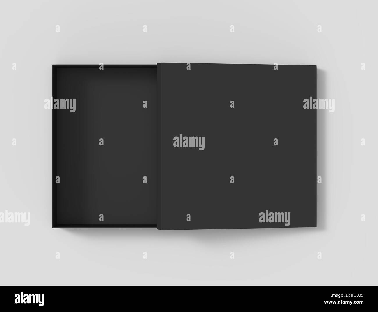 black blank paper open box with lid, isolated gray background, 3d ...