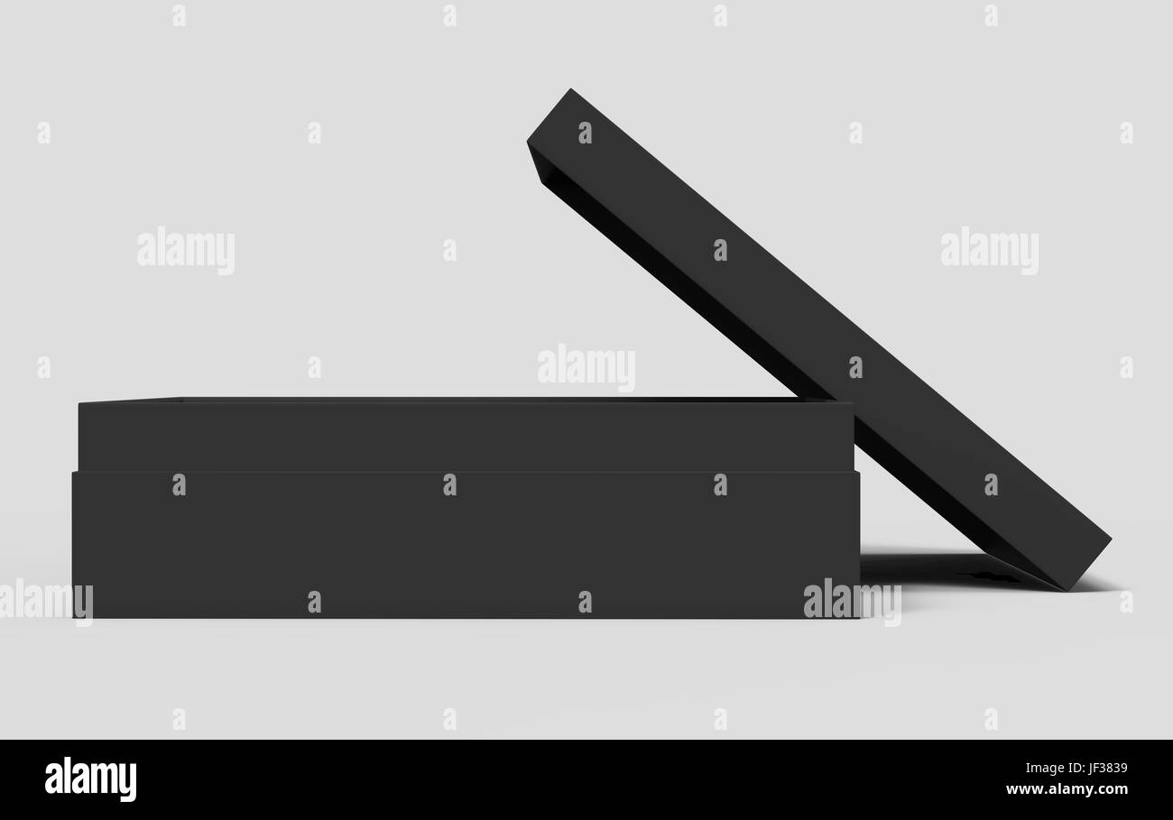 3d rendering black blank half open box with lid, isolated light gray ...