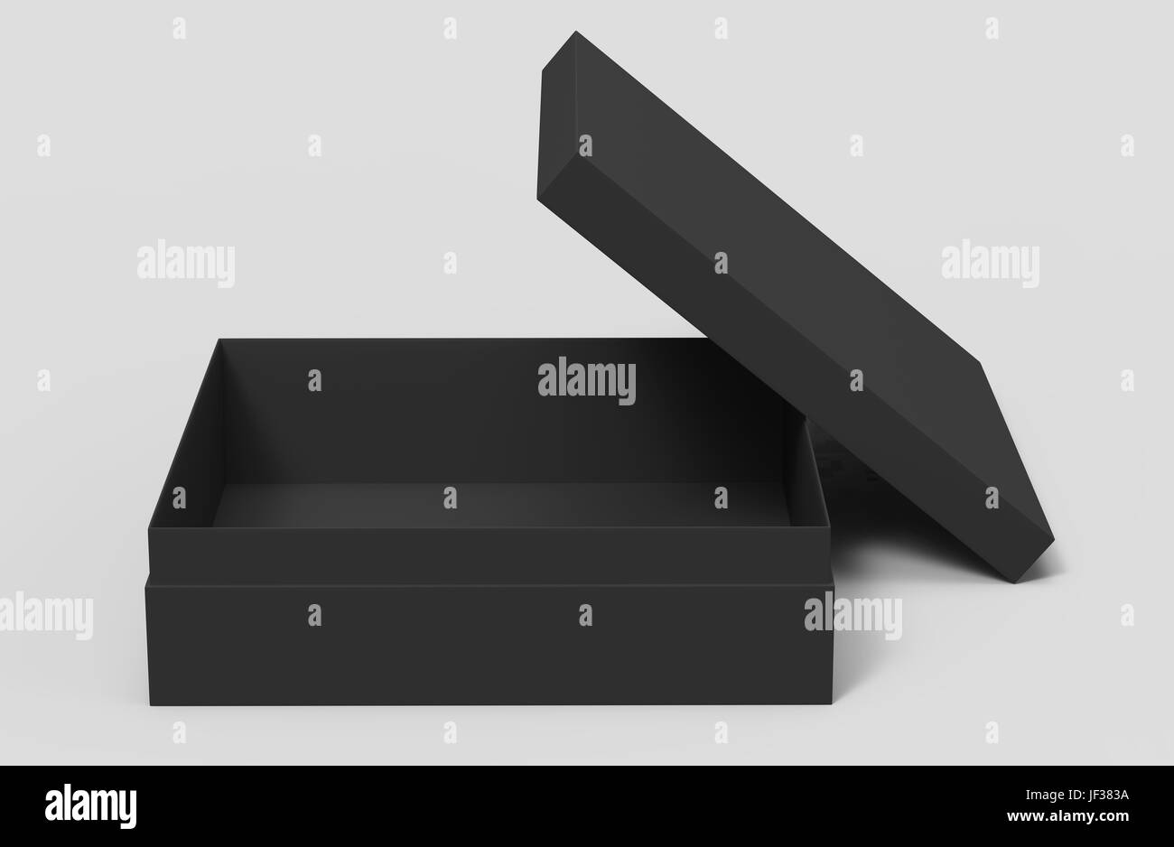 3d rendering black blank half open box with lid, isolated light gray ...