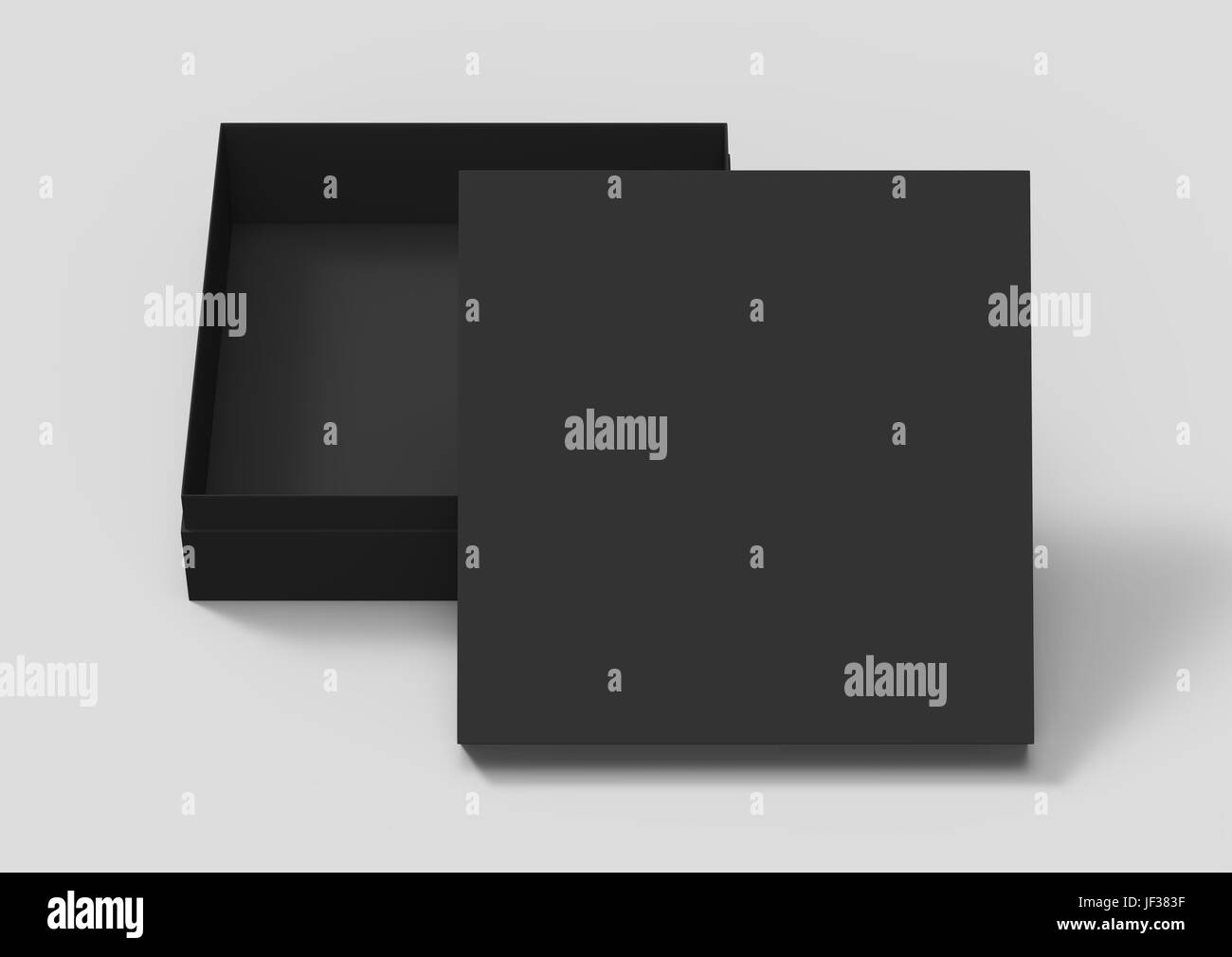 3d rendering black blank half open box with lid, isolated light gray ...
