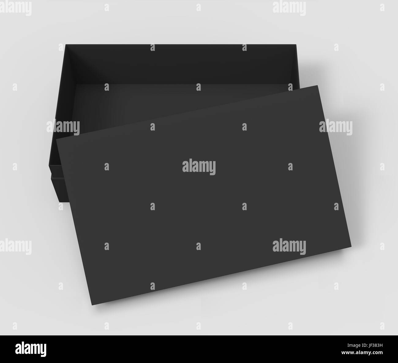 3d rendering black blank half open box with lid, isolated light gray ...