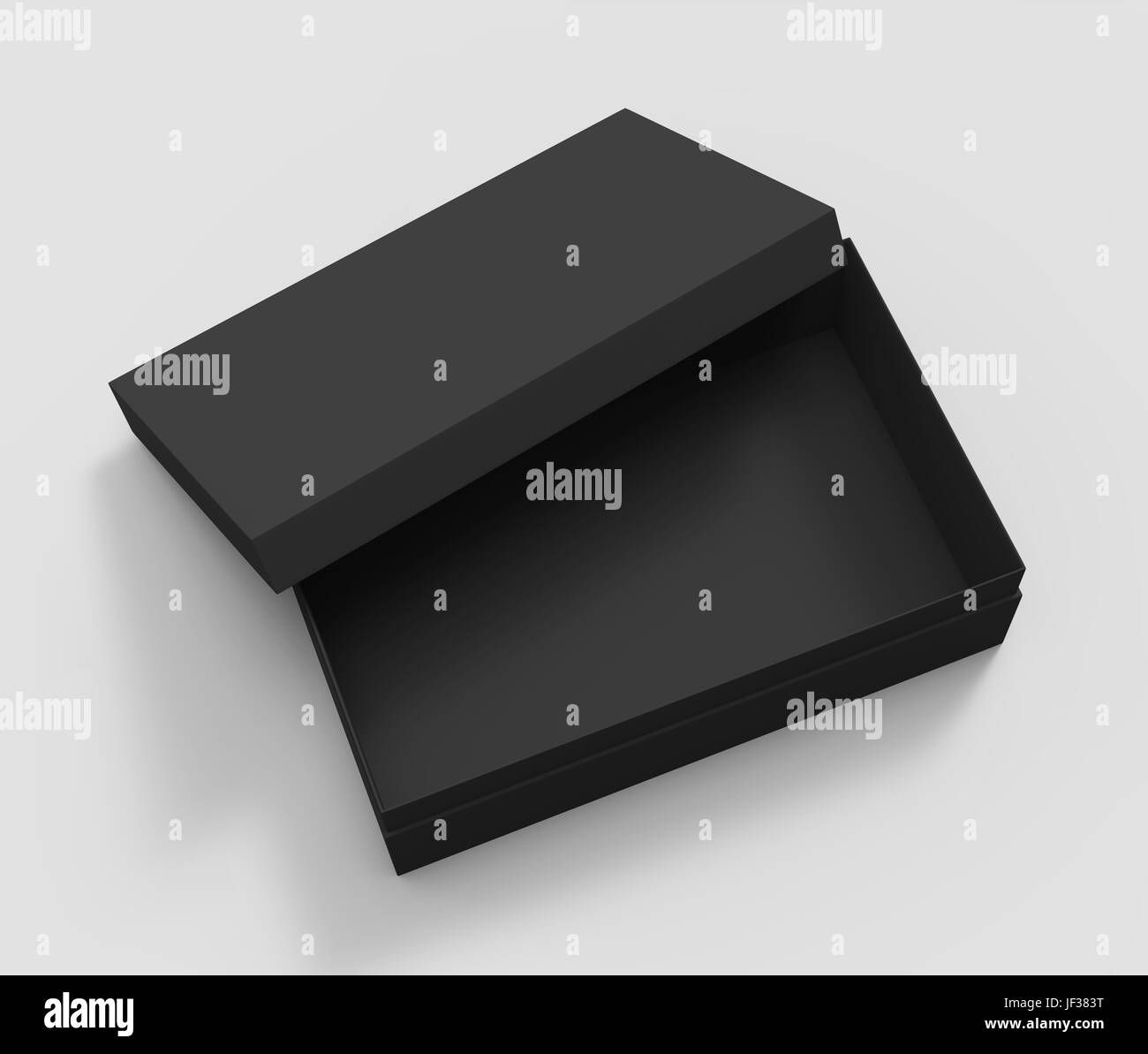 3d rendering left tilt black blank half open box with lid, isolated ...