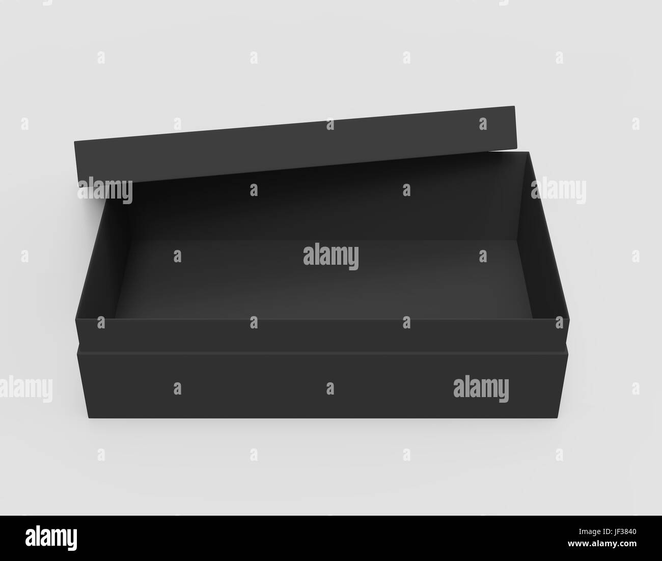 3d rendering black blank half open box with lid, isolated light gray ...