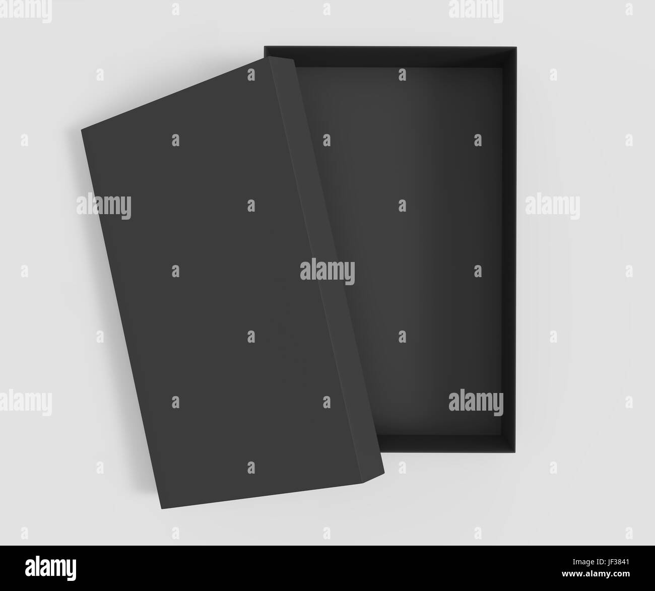 3d rendering black blank half open box with lid, isolated light gray ...