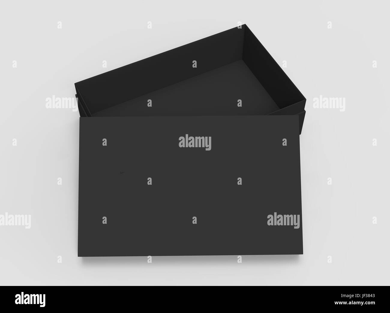 3d rendering black blank half open box with lid, isolated light gray ...