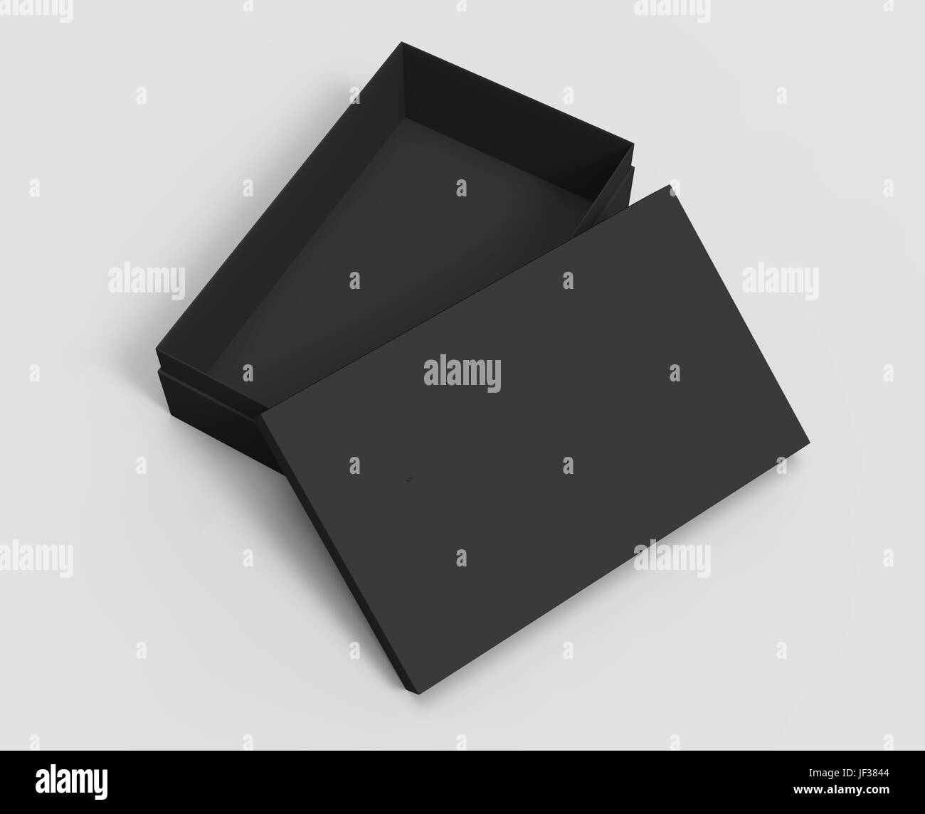 3d rendering left tilt black blank half open box with lid, isolated ...