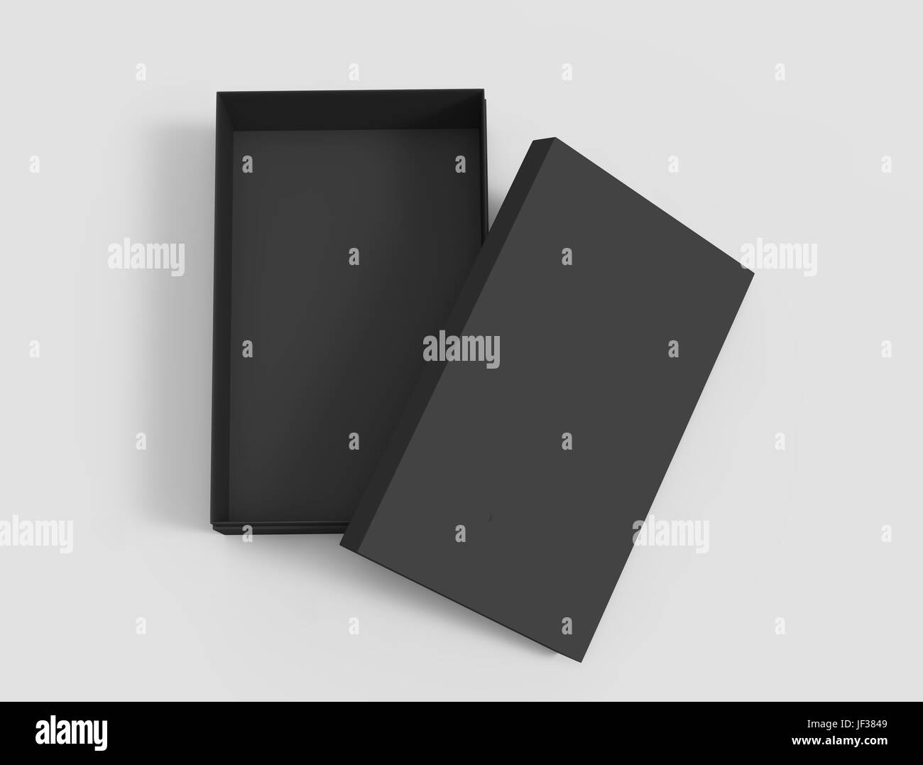 3d rendering black blank half open box with lid, isolated light gray ...