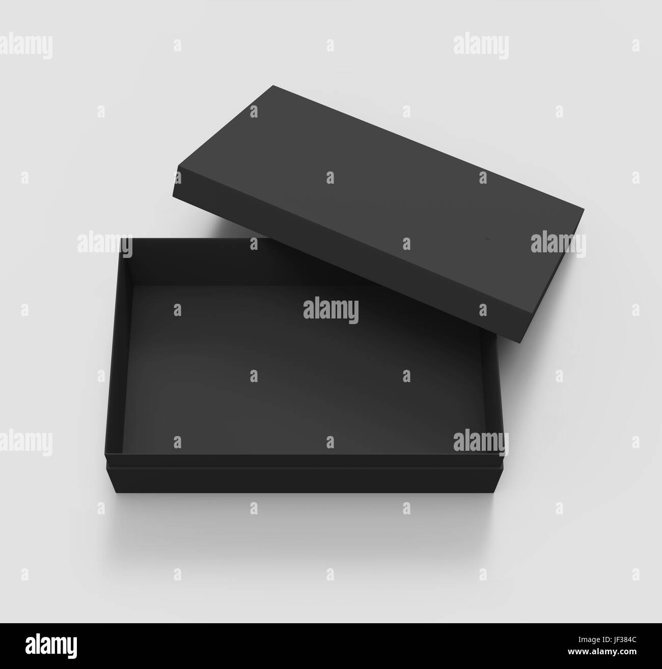 3d rendering black blank half open box with right tilt lid, isolated ...