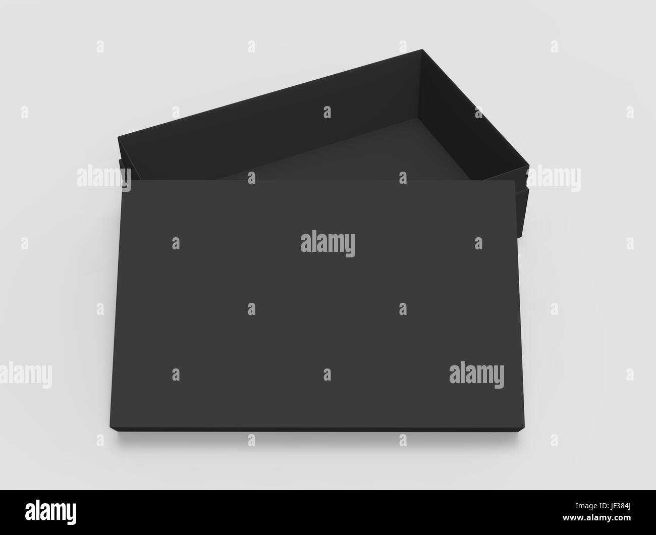 3d rendering black blank half open box with lid, isolated light gray ...