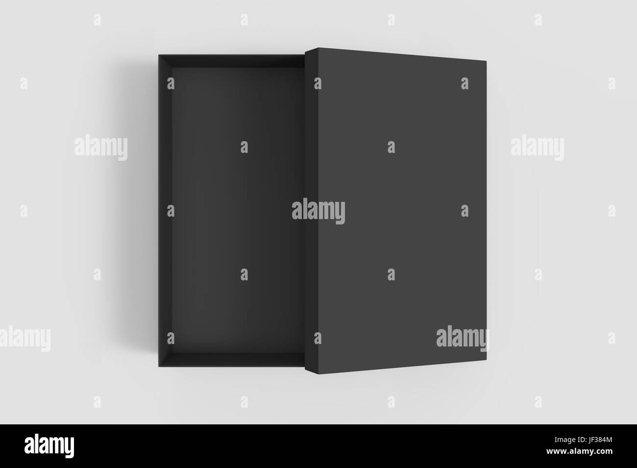 3d rendering black blank half open box with lid, isolated light gray ...