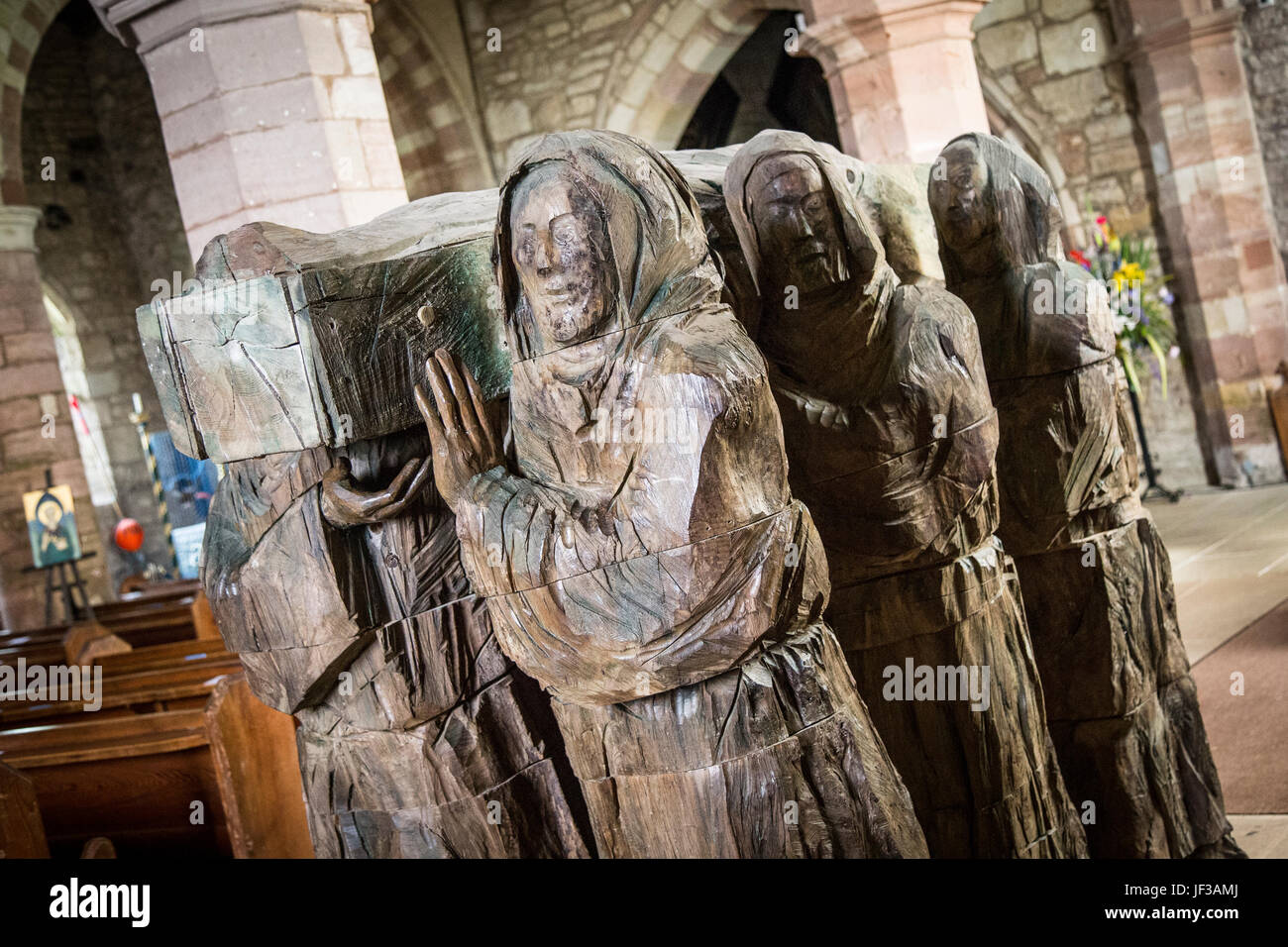 St. Mary the virgin church. Holy Island. Lindisfarne. Monks carrying St ...