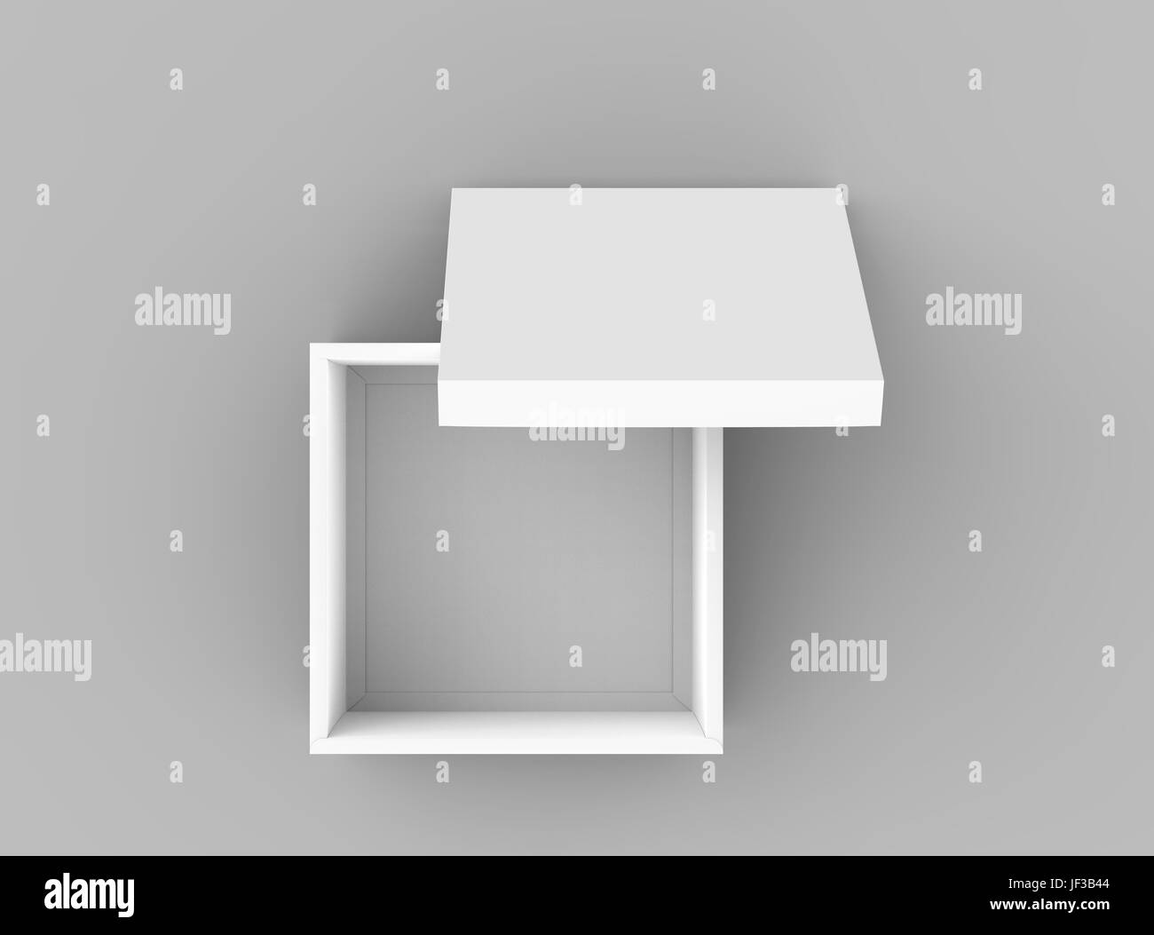 blank 3d rendering open box with leaning separate lid, isolated gray ...