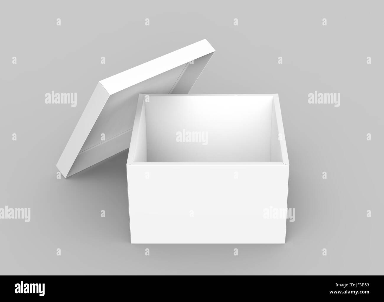 blank 3d rendering open box with leaning separate lid, isolated light ...