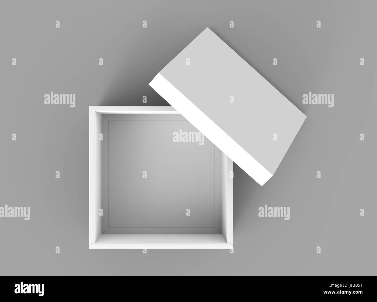 blank 3d rendering open box with leaning separate lid, isolated gray ...