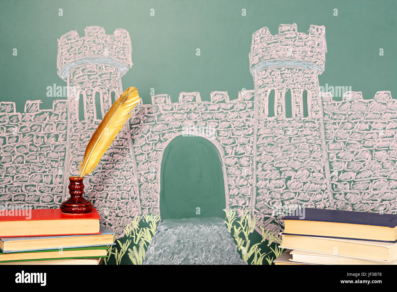 Education concept. Chalk drawing of castle, books and quill pen Stock ...
