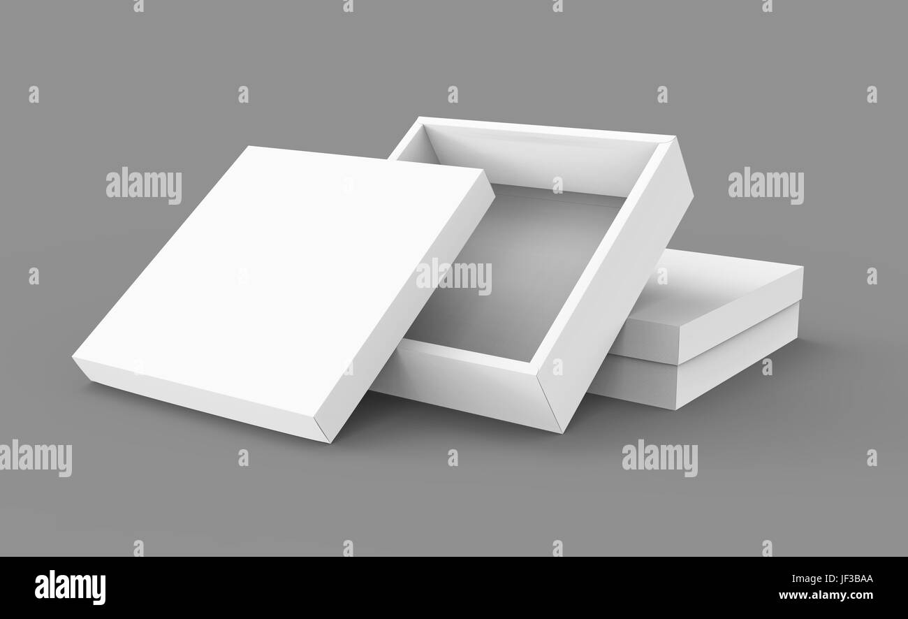 one flat half open box with separate lid leaning on another closed flat ...