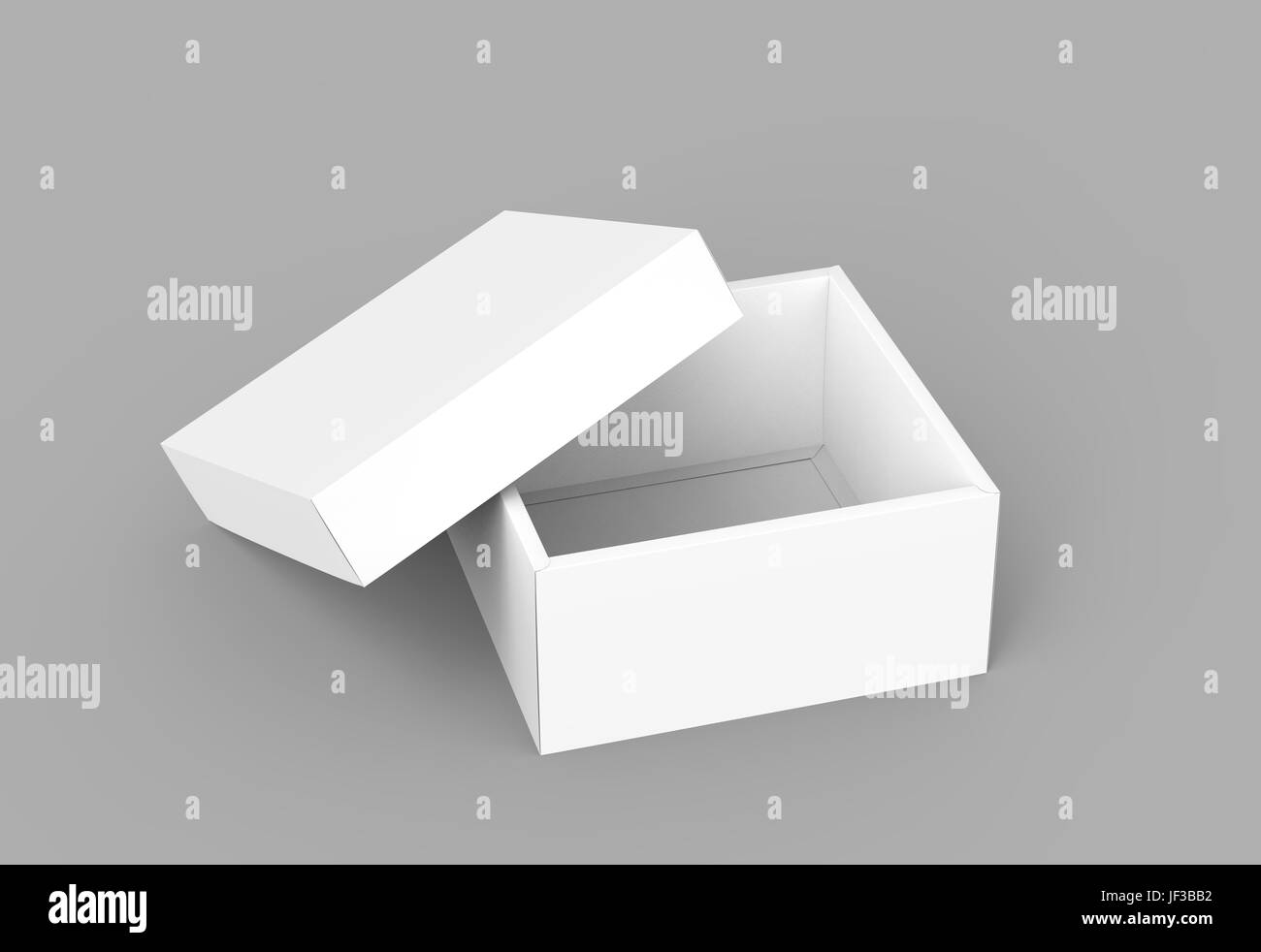 blank 3d rendering spun half open box with leaning separate lid ...