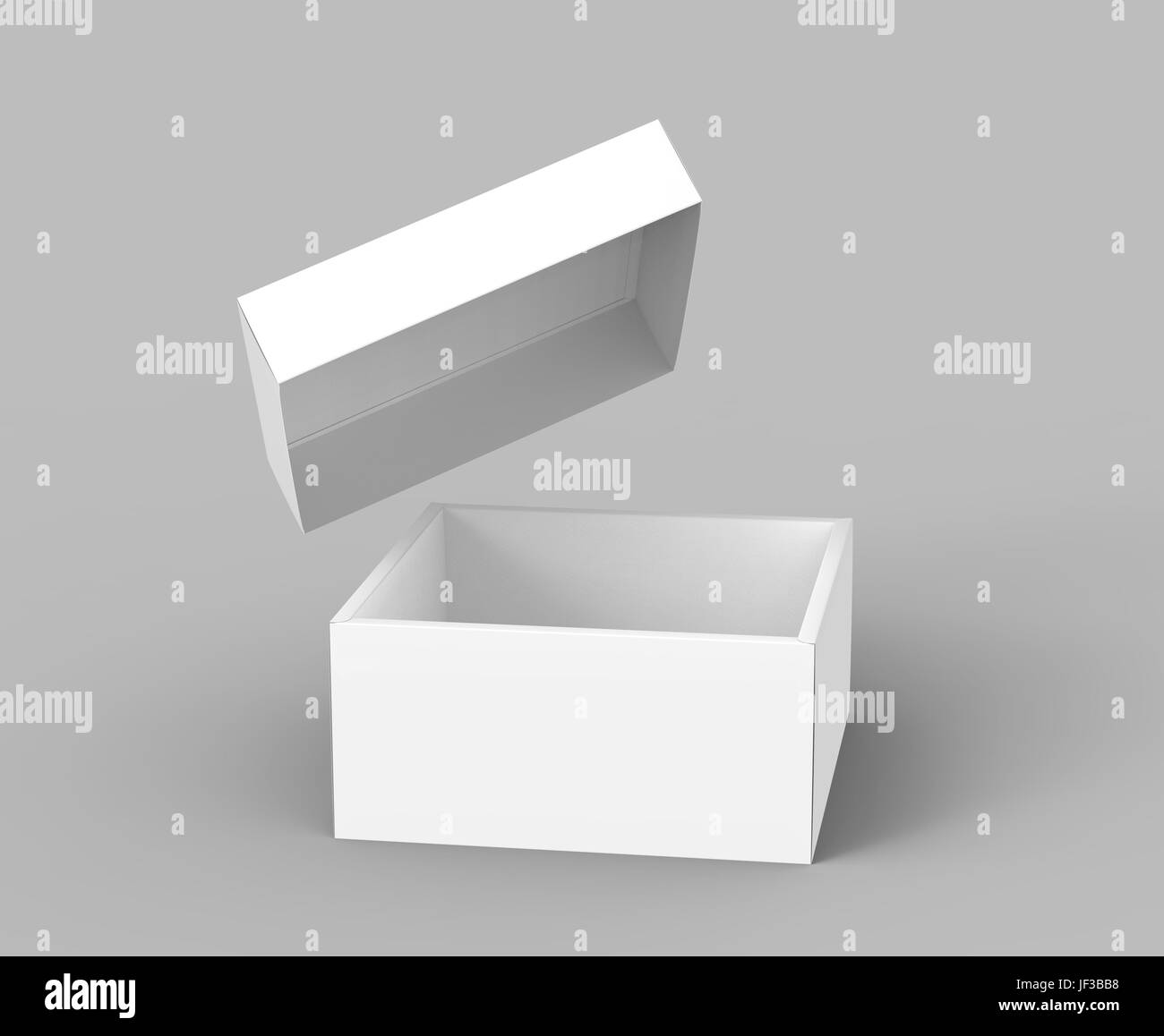 blank 3d rendering half open right tilt box with floating separate lid ...