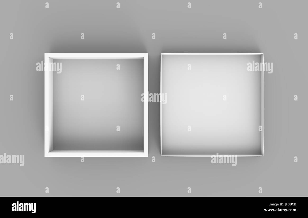 blank open flat 3d rendering white square box with lid on the ground ...