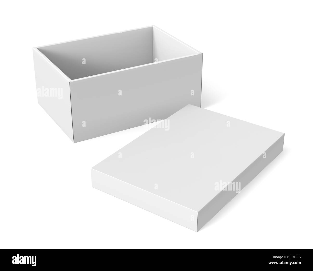 3d rendering left tilt blank white paper open box with separate lid on ...