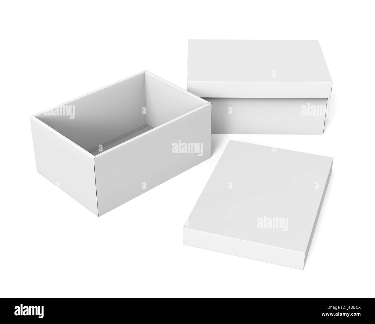 two 3d rendering blank white paper boxes, one open and left tilt, with ...