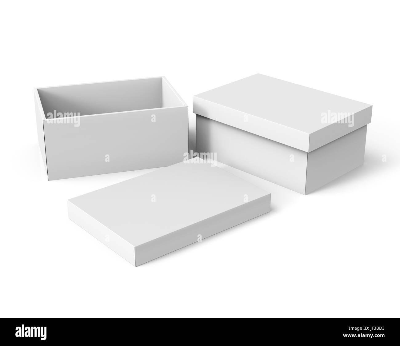 two tilt 3d rendering blank white paper boxes, one open, for design use ...