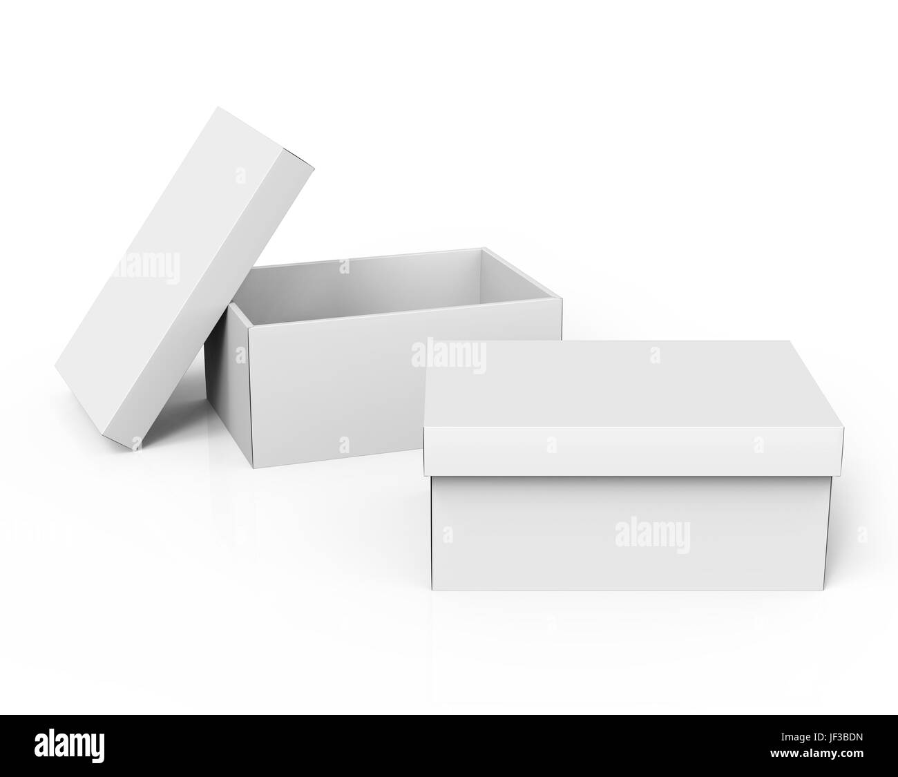 two 3d rendering blank white paper boxes, one open, with a leaning ...
