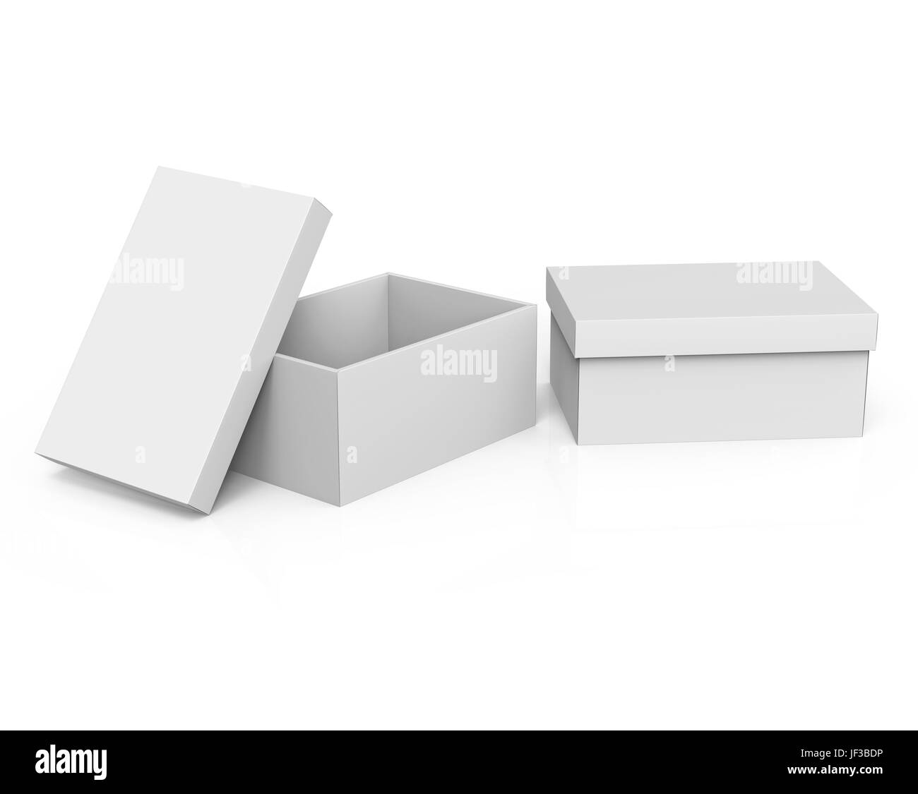 two 3d rendering blank white paper boxes, one open, with a leaning ...