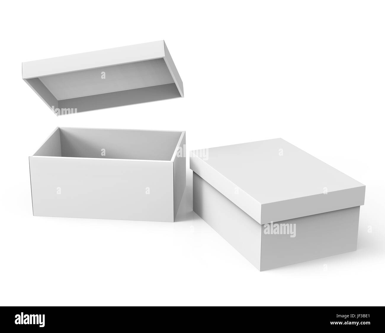 two right tilt 3d rendering blank white paper boxes, one open with a ...