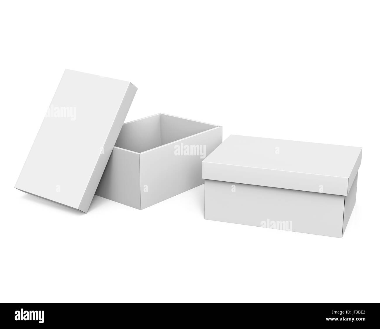 two tilt 3d rendering blank white paper boxes, one open, with a leaning ...