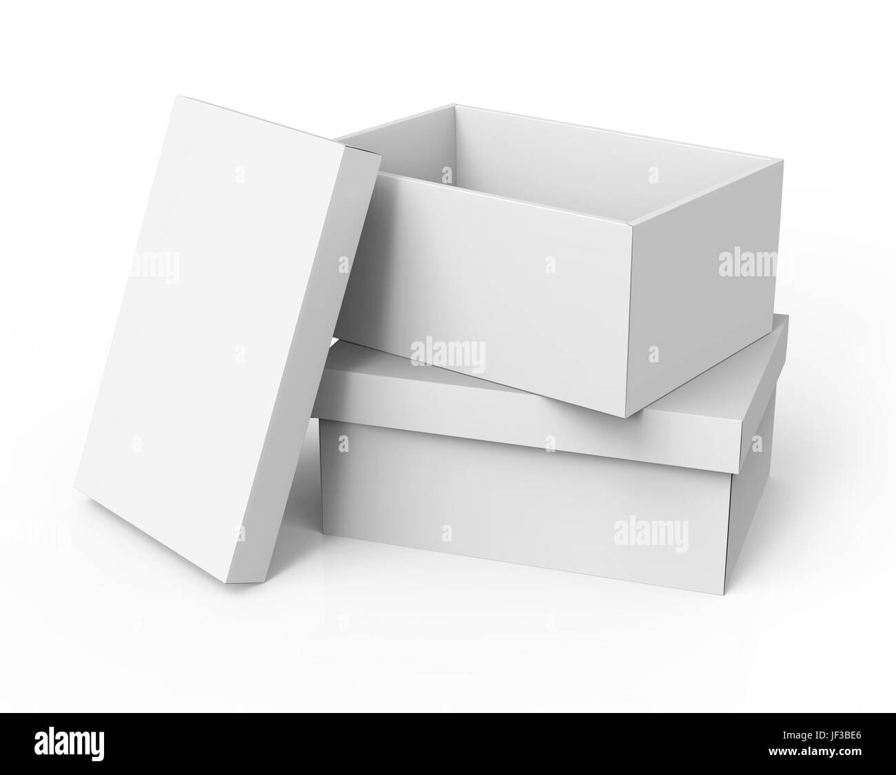 two stacking right tilt 3d rendering blank white paper boxes, one open ...