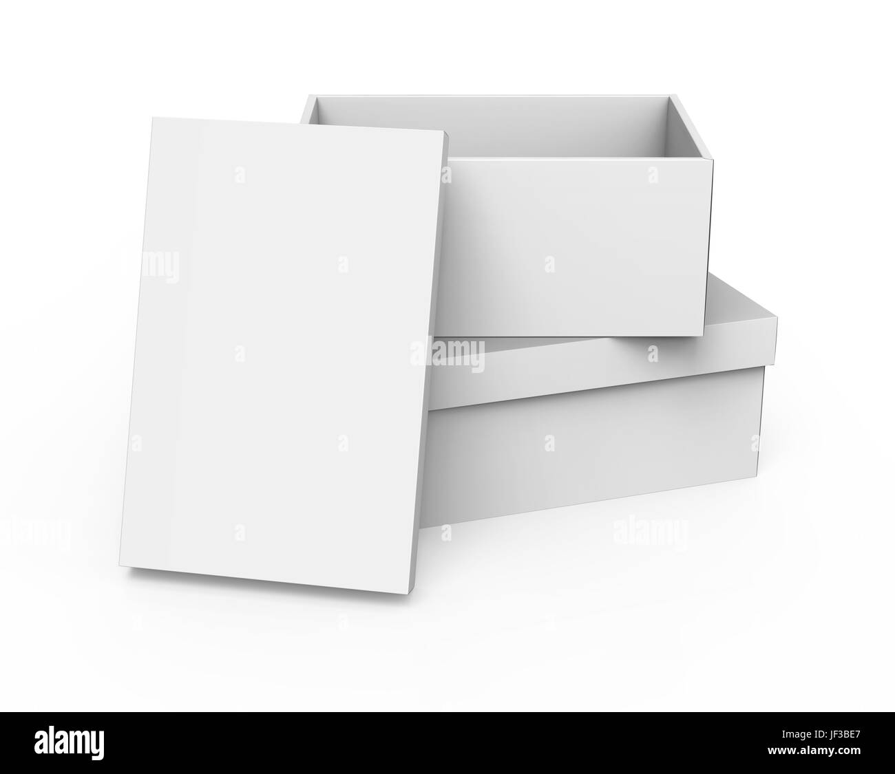 two stacking 3d rendering blank white paper boxes, one open, with a ...