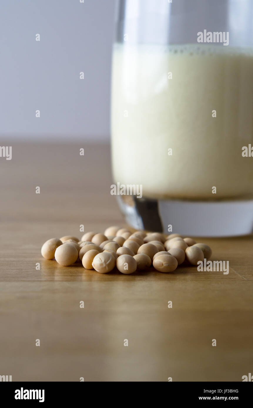 Dry soya (soy) beans with glass of soya milk in soft focus background ...