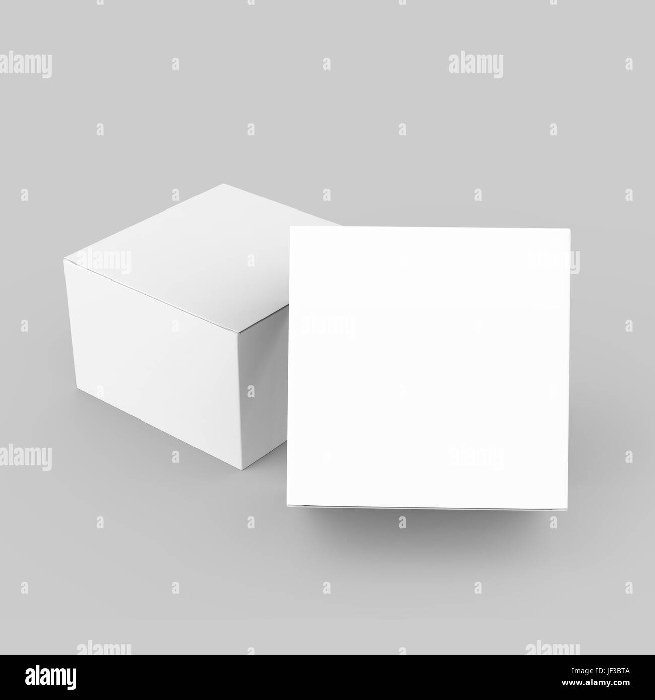 two 3d rendering closed white blank boxes, one leaning on another, for ...