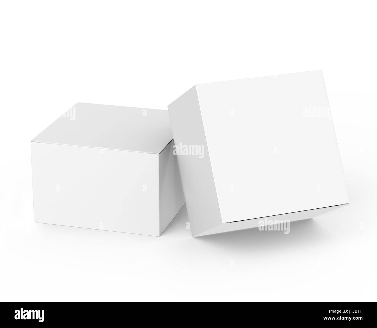 two 3d rendering closed white blank boxes, one leaning on another, for ...