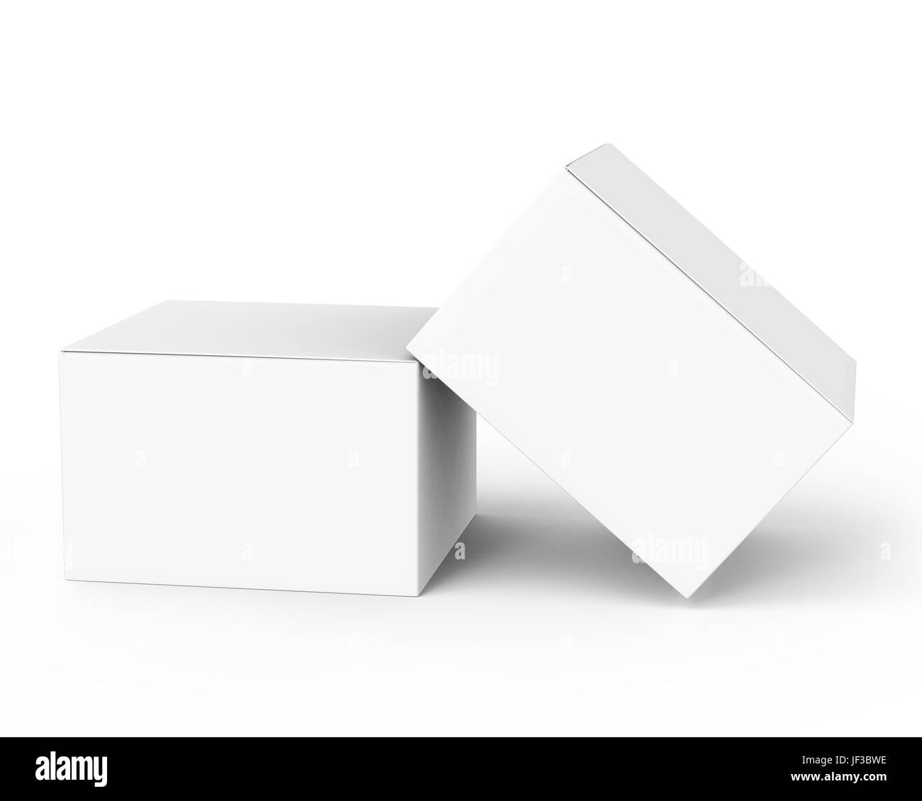two 3d rendering closed white blank boxes, one leaning on another, for ...