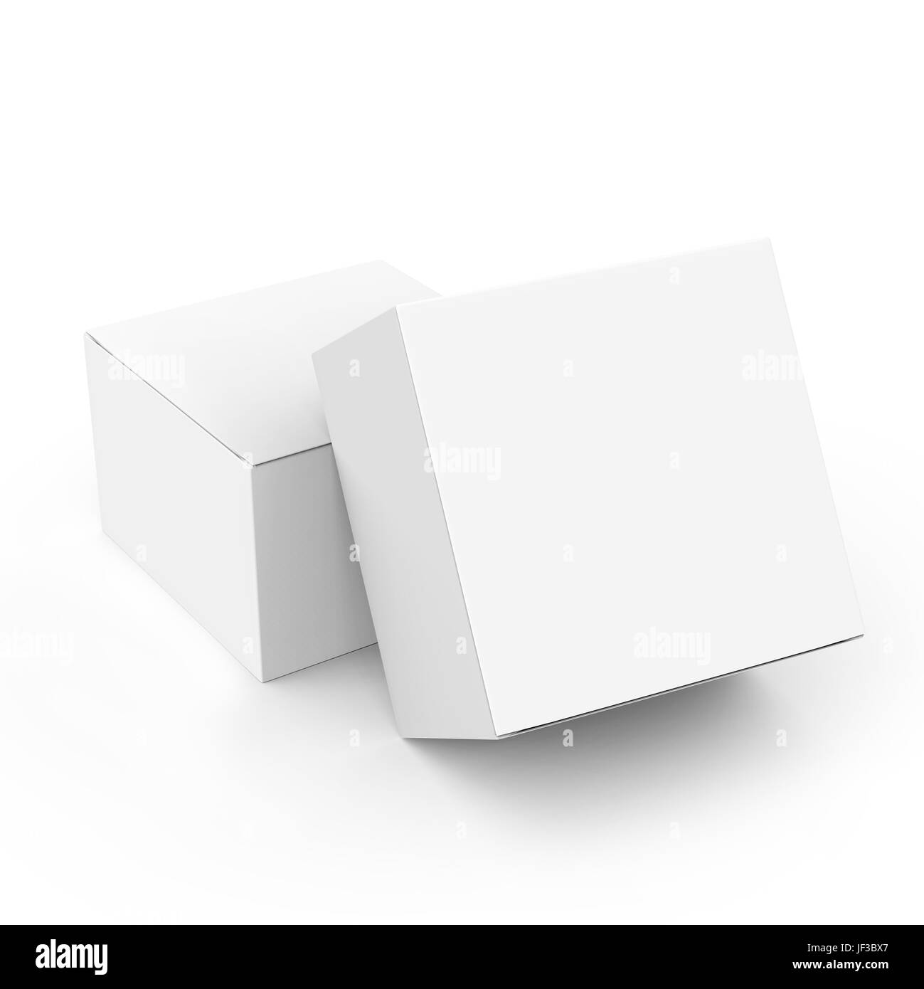 two 3d rendering closed white blank boxes, one leaning on another, for ...