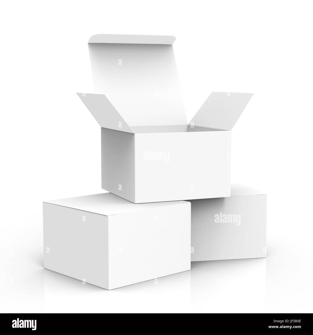 three right tilt 3d rendering white blank boxes, one open on other two ... three right tilt 3d rendering white blank boxes, one open on other two ...