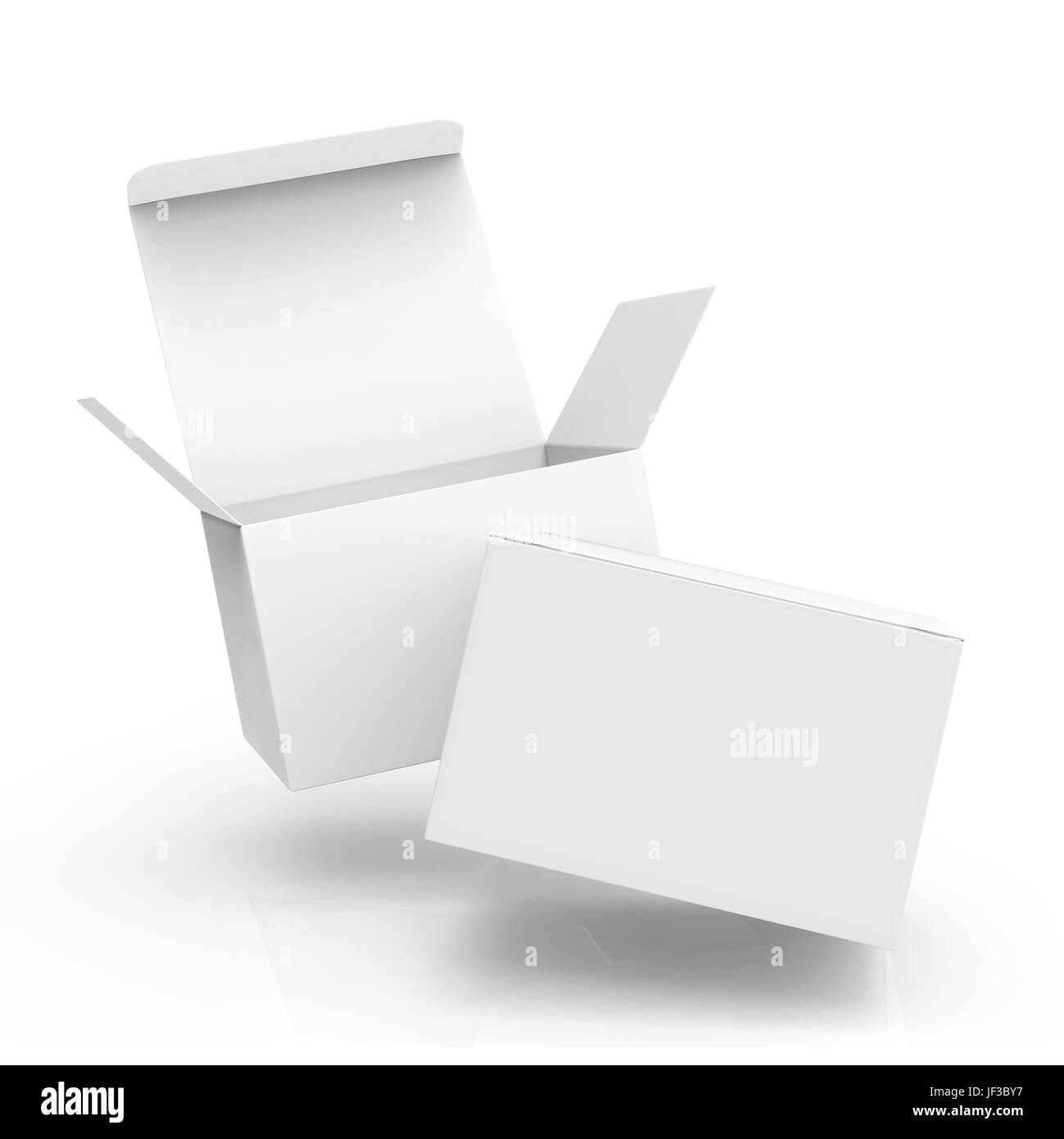 two floating tilt 3d rendering white blank boxes for design uses ...