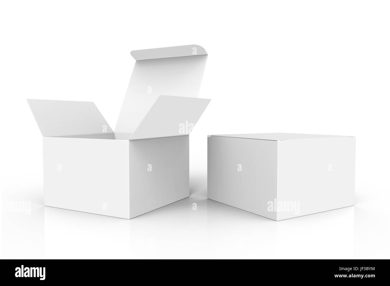 two spun 3d rendering white blank boxes for design uses, one open and ...