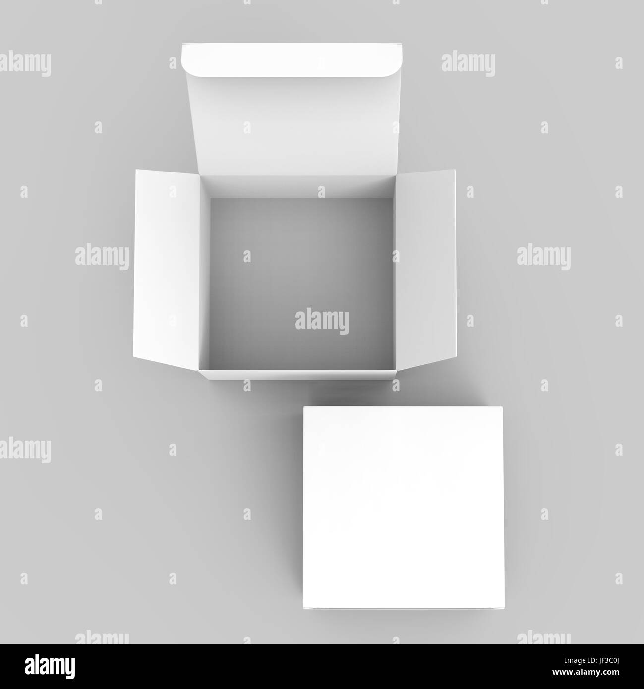 one 3d rendering white blank open box behind a closed one, for design ...