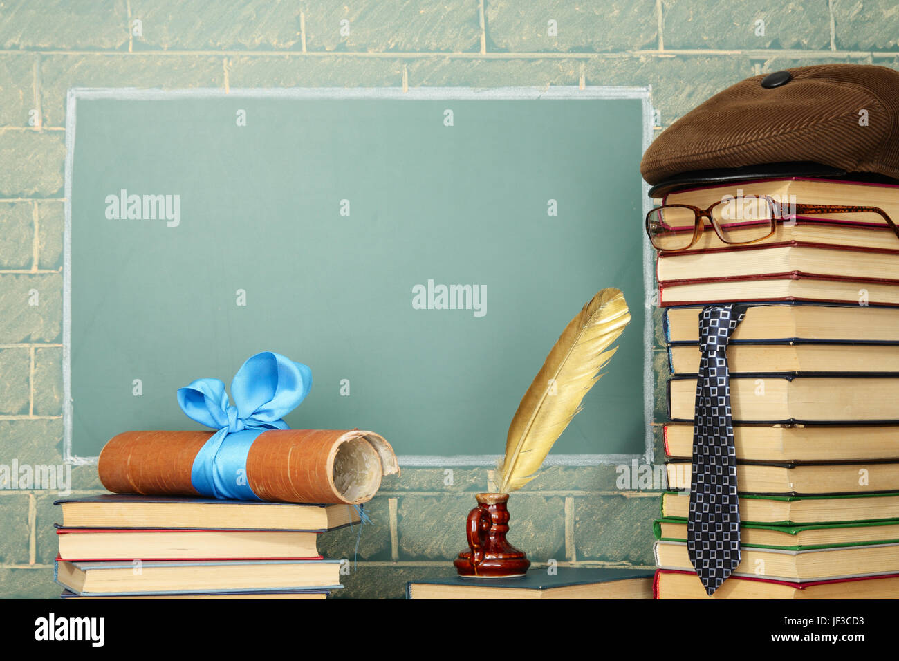 Unusual jesting teacher, books, quill pen, scroll before blackboard ...