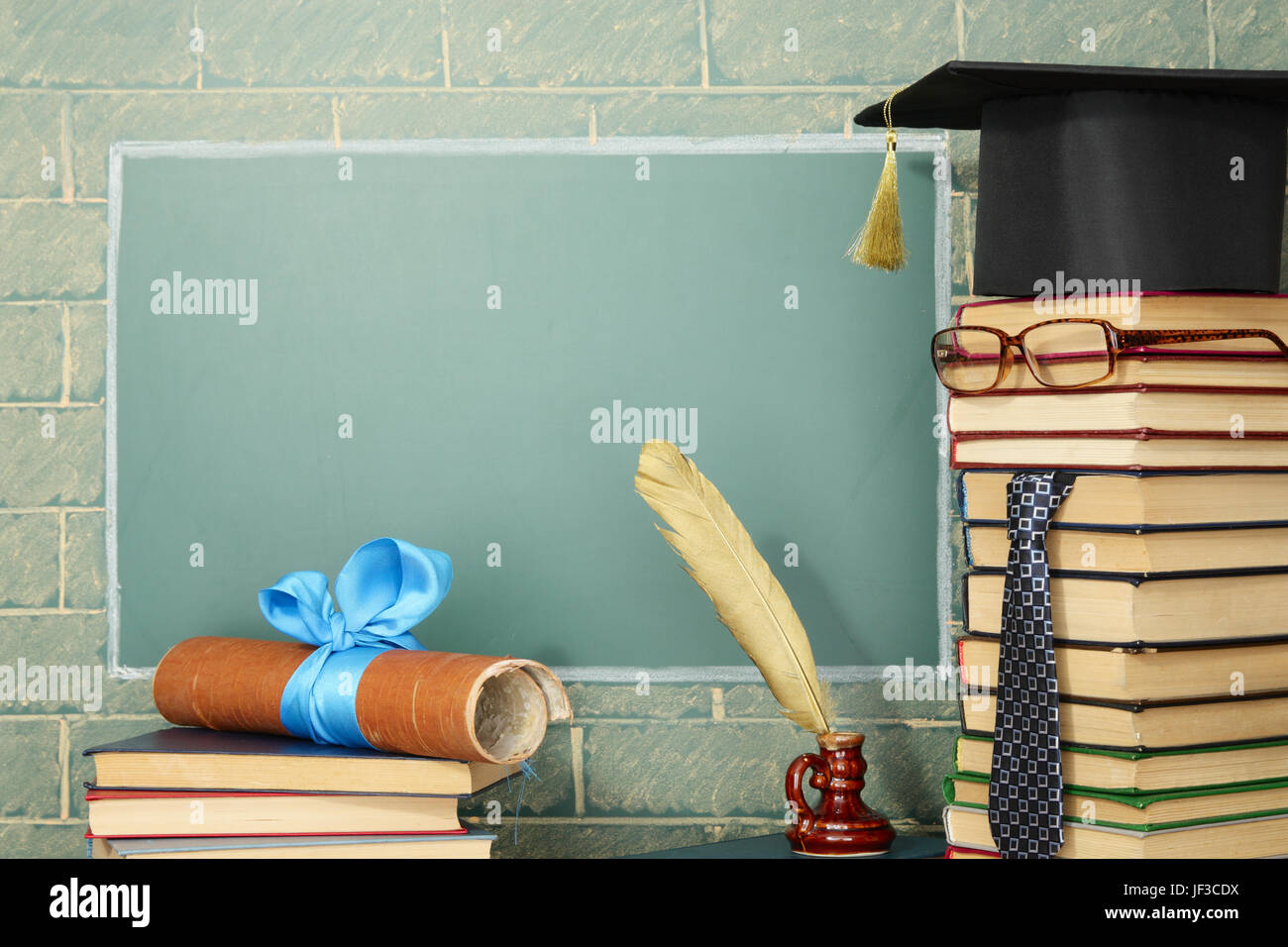 Unusual jesting teacher, books, quill pen, scroll before blackboard ...