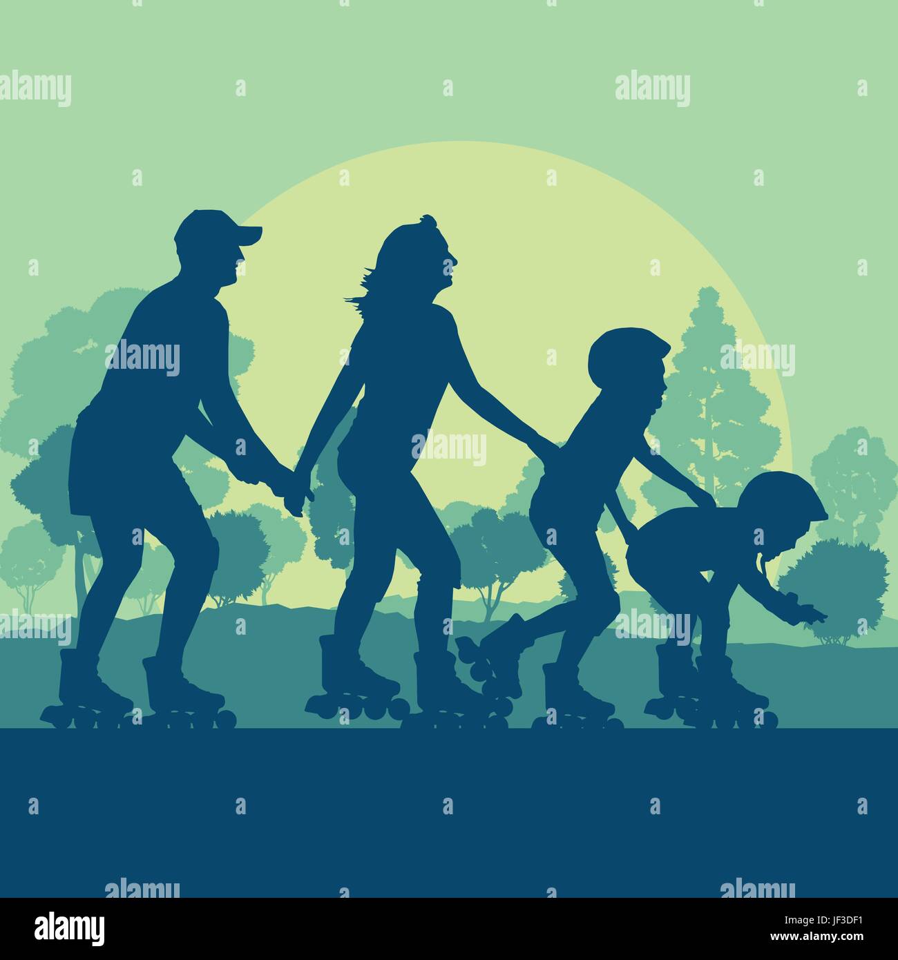 Family inline skating in park vector background landscape with trees ...