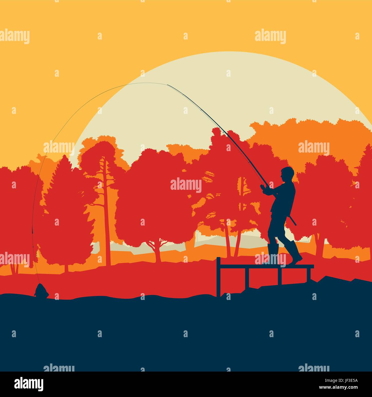 Fisherman near pond and trees vector landscape background with sunset ...