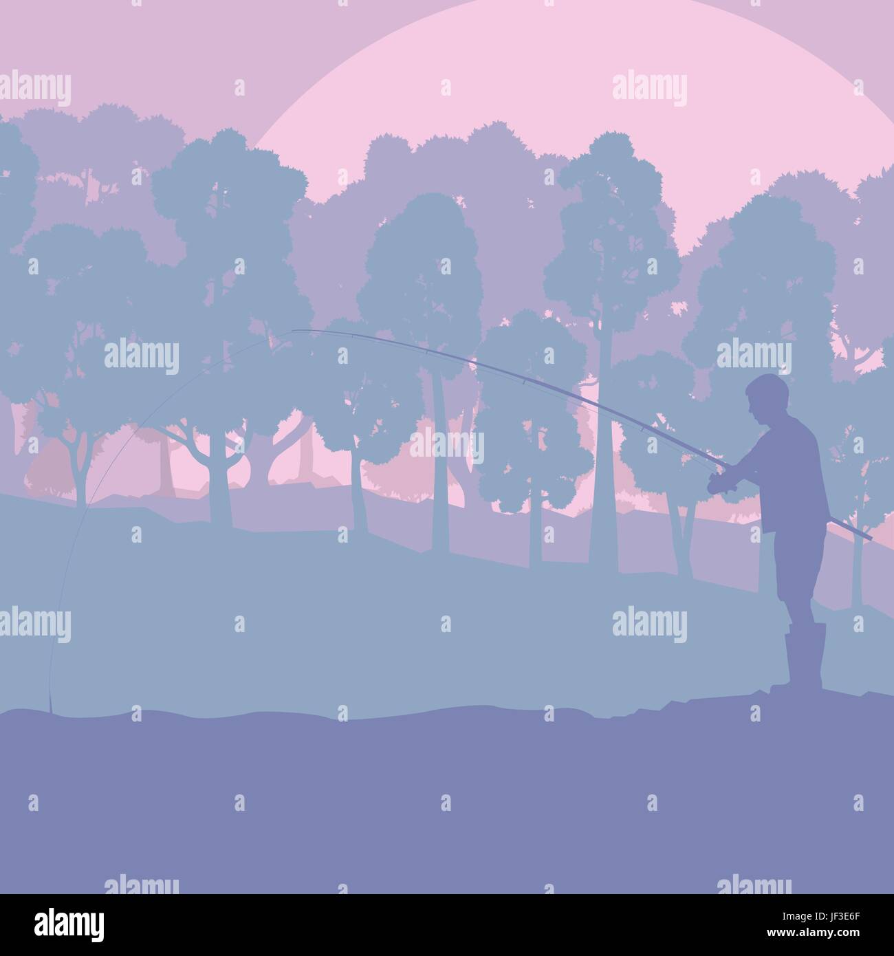 Fisherman near pond and trees vector landscape background with sunset ...