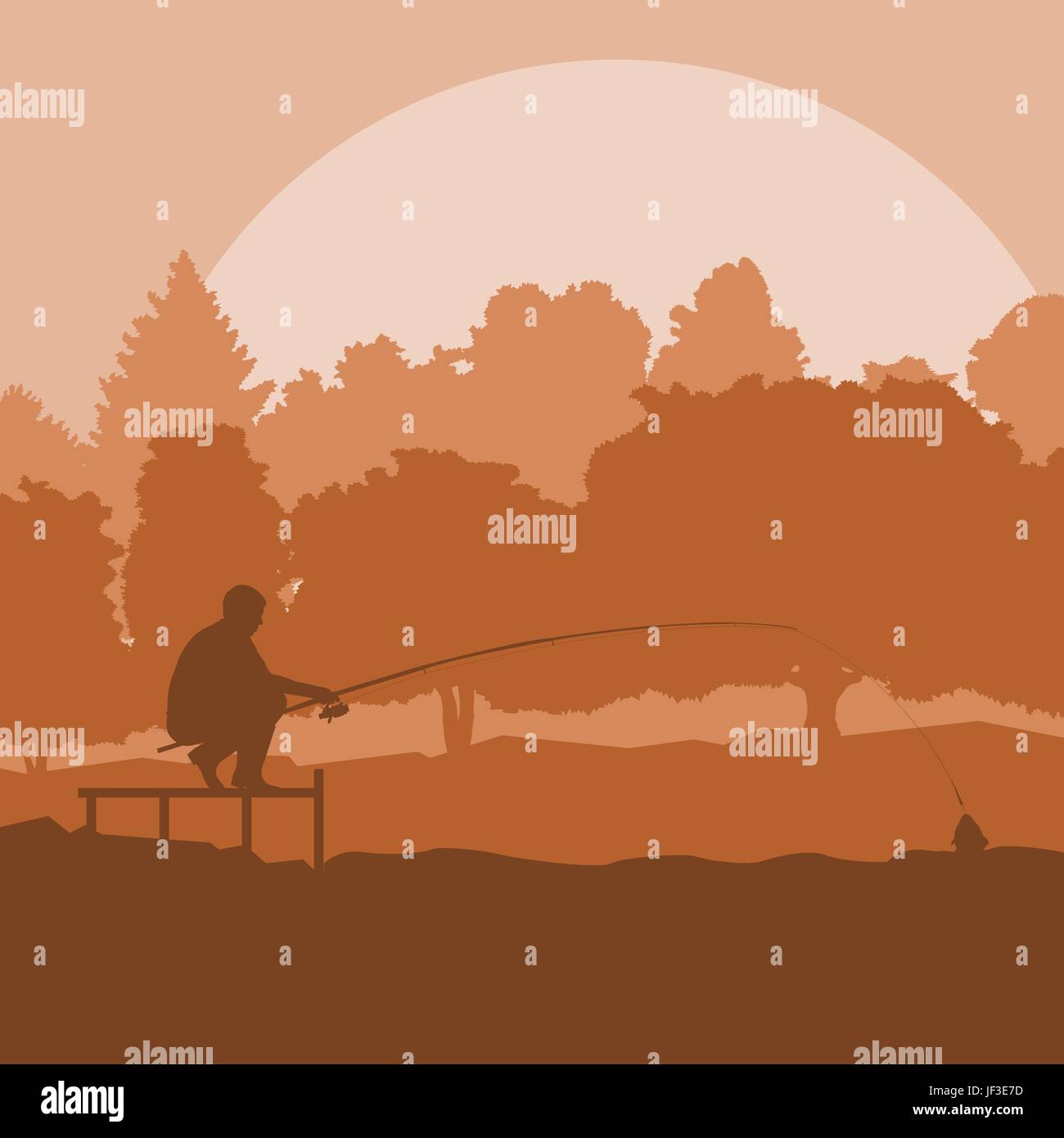 Fisherman near pond and trees vector landscape background with sunset ...
