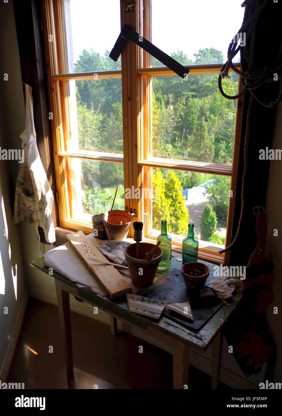 Retro crafts table and window Stock Photo - Alamy