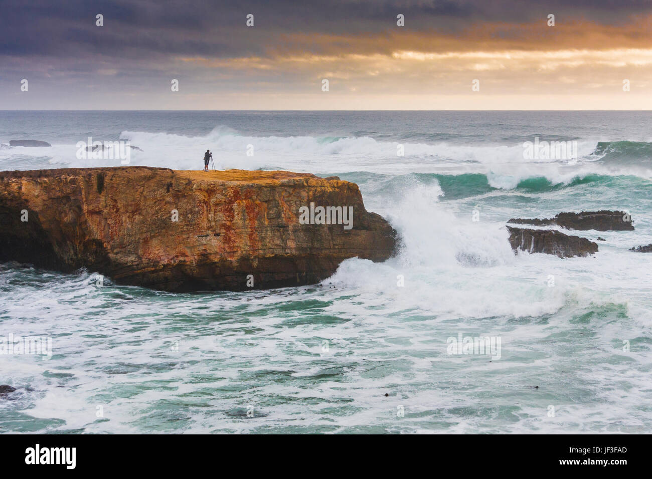 Photographer on cliff at Point Arena on the rocky pacific coast of ...