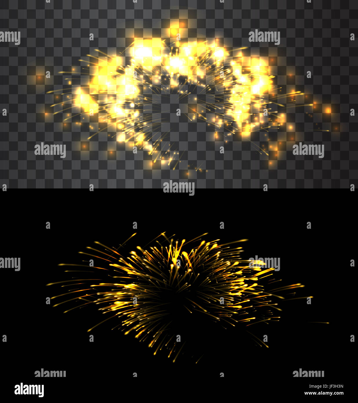 Set of isolated golden fireworks on black and transparent backdrop ...